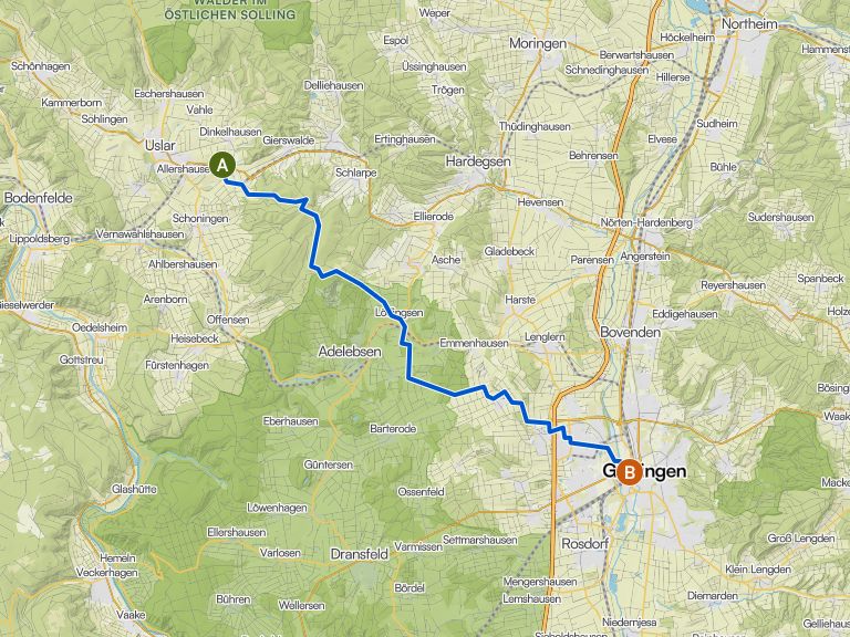 Wanderung von Sandweg 12, 37170, Uslar nach Göttingen Bahnhof ...